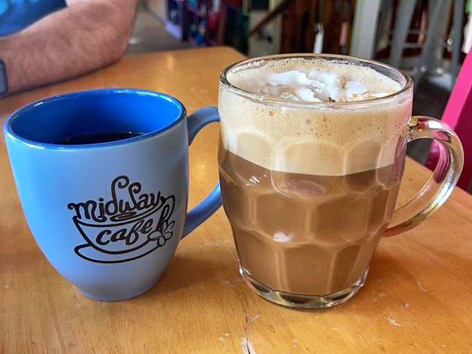 Coffee companionship at its finest. The signature blue mug stands by while its frothy friend offers a honeycomb-textured caffeine embrace.