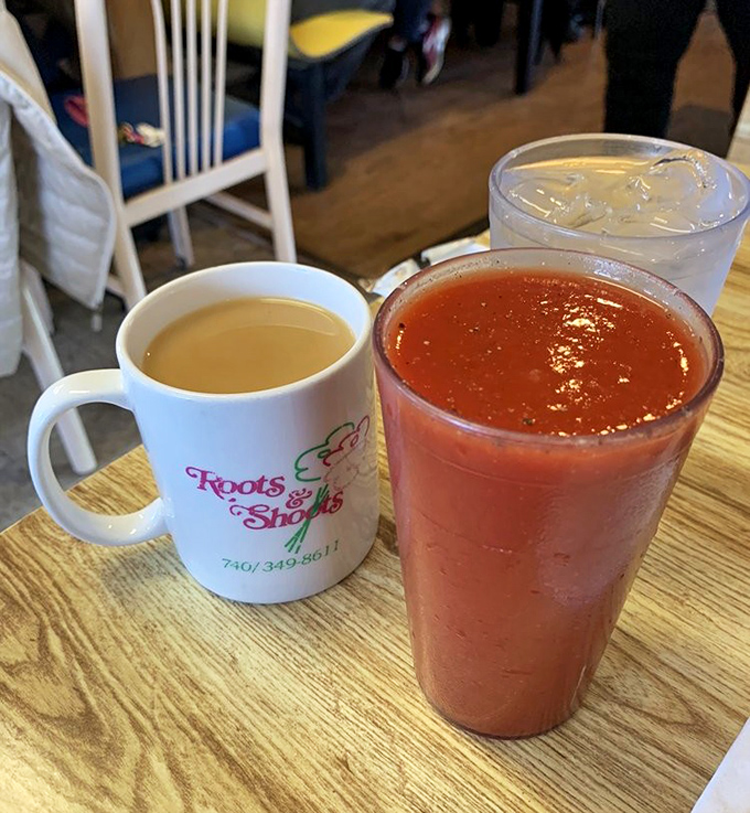 The breakfast beverage trinity: strong coffee, ice water, and tomato juice&mdash;the latter being the Midwest's secret hangover cure since time immemorial.