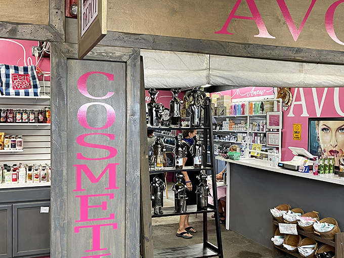 Pink signage and beauty products galore! This cosmetics corner offers everything from everyday essentials to those specialty items you can't find at chain stores.