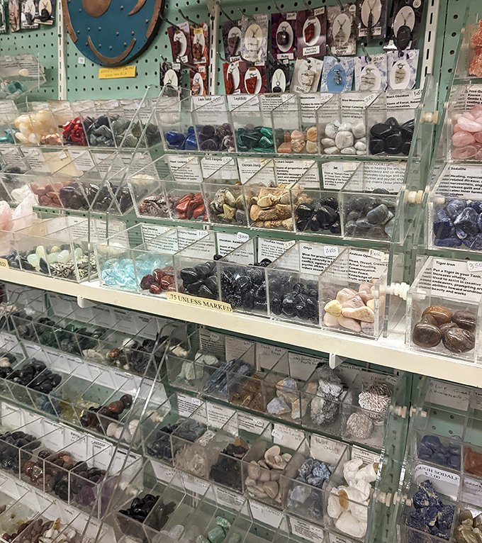 Nature's art gallery! These meticulously labeled crystals and tumbled stones offer both beauty and supposed metaphysical properties—spiritual insurance, if you will.