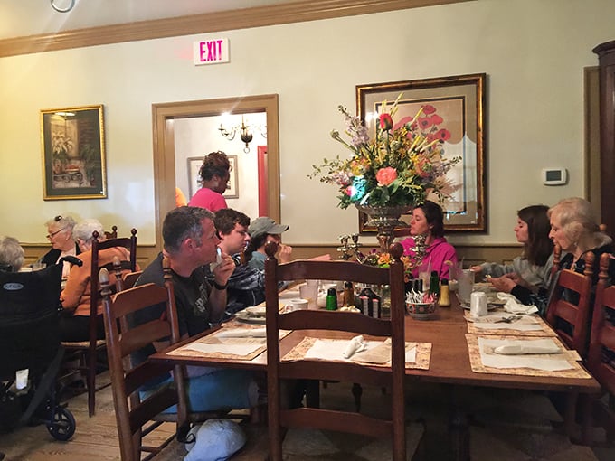 Where strangers become neighbors over biscuits and Brunswick stew. The flowers are pretty, but everyone's looking at what's on the plates.