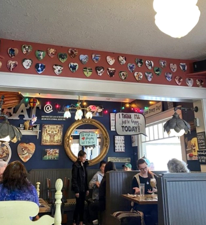 The navy blue walls and eclectic decor create the perfect backdrop for Salem's breakfast enthusiasts plotting their day over steaming mugs.