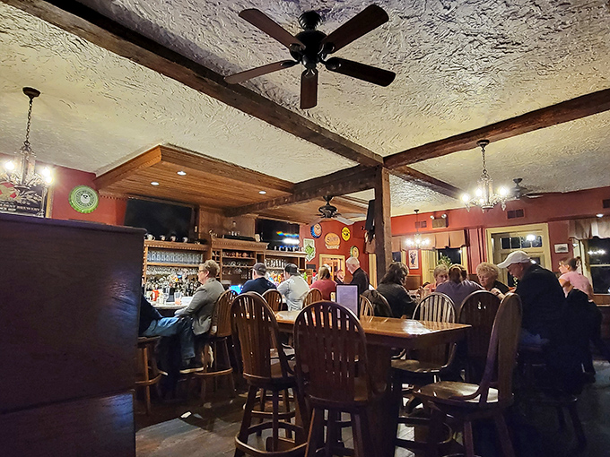 The tavern comes alive with conversation and clinking glasses, as patrons gather in a space where Washington himself might have stopped for refreshment.