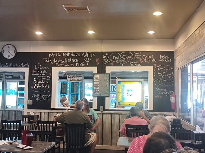 The chalkboard proudly announces "We Do Not Have WiFi&mdash;Talk To Each Other," a refreshing reminder that good food and conversation still go hand in hand. 