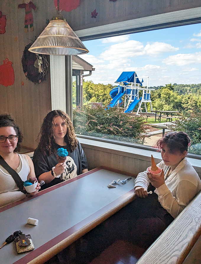 The universal language of ice cream brings friends together at Kerber's window seats, where outside views complement inside delights.