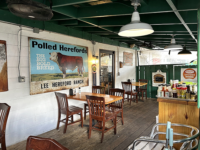 The dining area feels like your favorite uncle's porch&mdash;if your uncle collected vintage cattle signs and perfected the art of rustic charm.