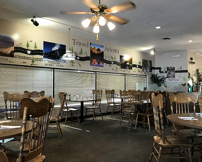 The dining area celebrates Arizona's natural beauty with travel photos lining the walls&mdash;visual appetizers before the main event arrives.