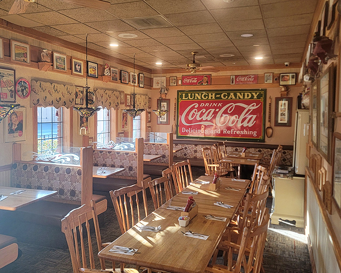 The dining area feels like your favorite aunt's country kitchen, if your aunt had seating for 50 and a vintage Coca-Cola sign collection.