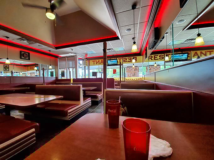 The dining room where countless Michigan mornings have begun and late-night cravings have been satisfied. Red booths hold decades of stories.