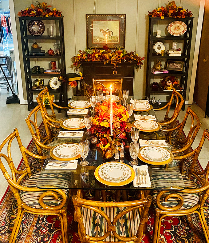 This elegantly staged dining set could be the backdrop for your next holiday gathering &ndash; just add family and a healthy serving of gossip.