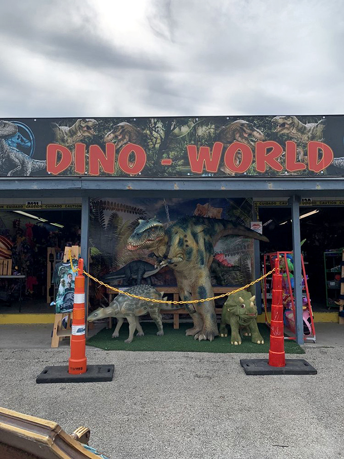 Life, uh, finds a way at Dino-World, where prehistoric replicas stand guard over merchandise that's considerably younger than their Jurassic counterparts.