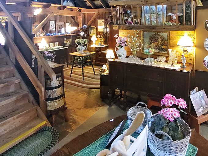 Warm wooden beams frame this farmhouse-inspired display where every item seems to whisper, "Take me home and make me the star of your mantel."