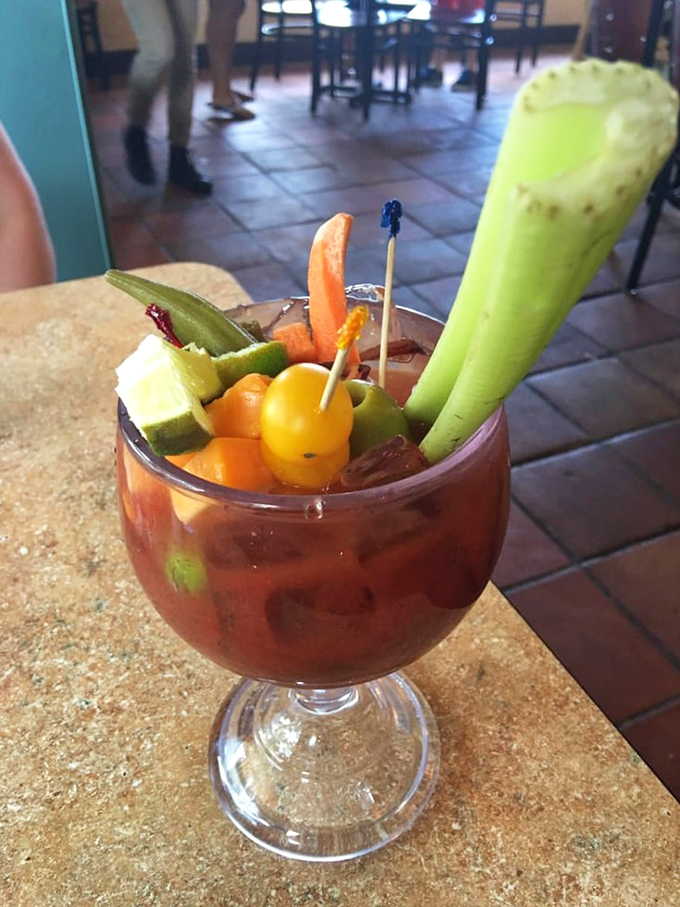 A Bloody Mary that doubles as a salad bar. The celery stalk stands like a flagpole claiming this drink for the Republic of Deliciousness.
