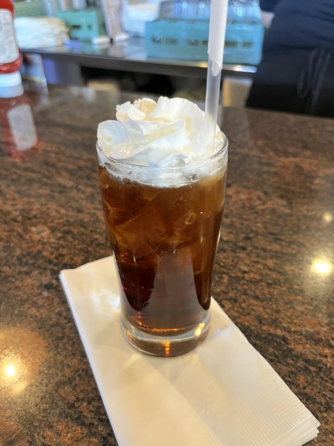 That's not just a soda—it's a tower of refreshment topped with a cloud of whipped cream that practically demands a moment of silent appreciation.