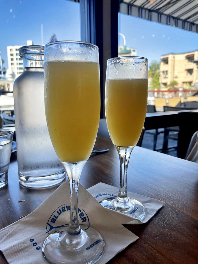 Mimosas with a view&mdash;because nothing says "I'm on vacation in my own city" like bubbles before noon overlooking Newport Harbor.