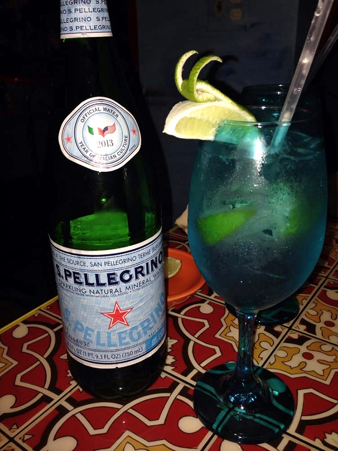 The blue drink might raise eyebrows, but paired with San Pellegrino, it's like the restaurant is saying, "We're fun, but we've got standards."