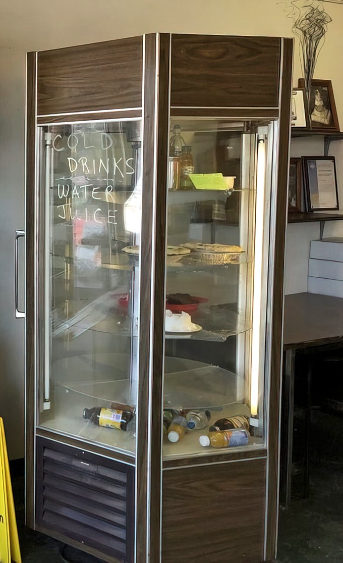 The refrigerator offers humble refreshments&mdash;a reminder that you're here for the baked goods, not some fancy artisanal beverage program.