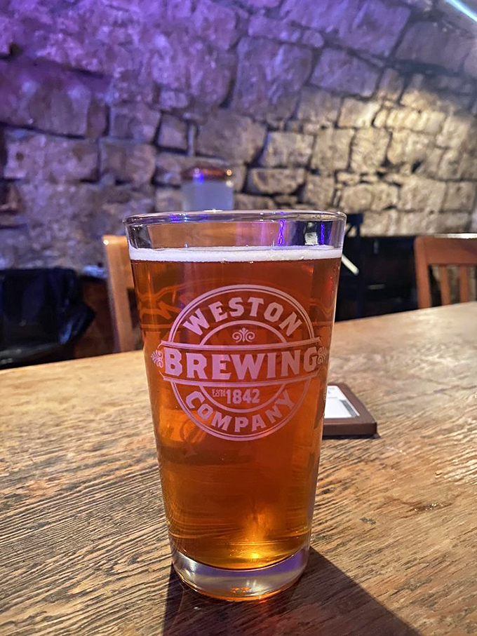 Beer and stone walls&mdash;a pairing as old as civilization itself. This Weston Brewing Company pint looks right at home against its limestone backdrop.