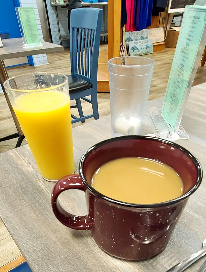 Morning fuel comes in liquid form with steaming coffee in a rustic mug and fresh-squeezed orange juice that tastes like Florida sunshine in a glass.