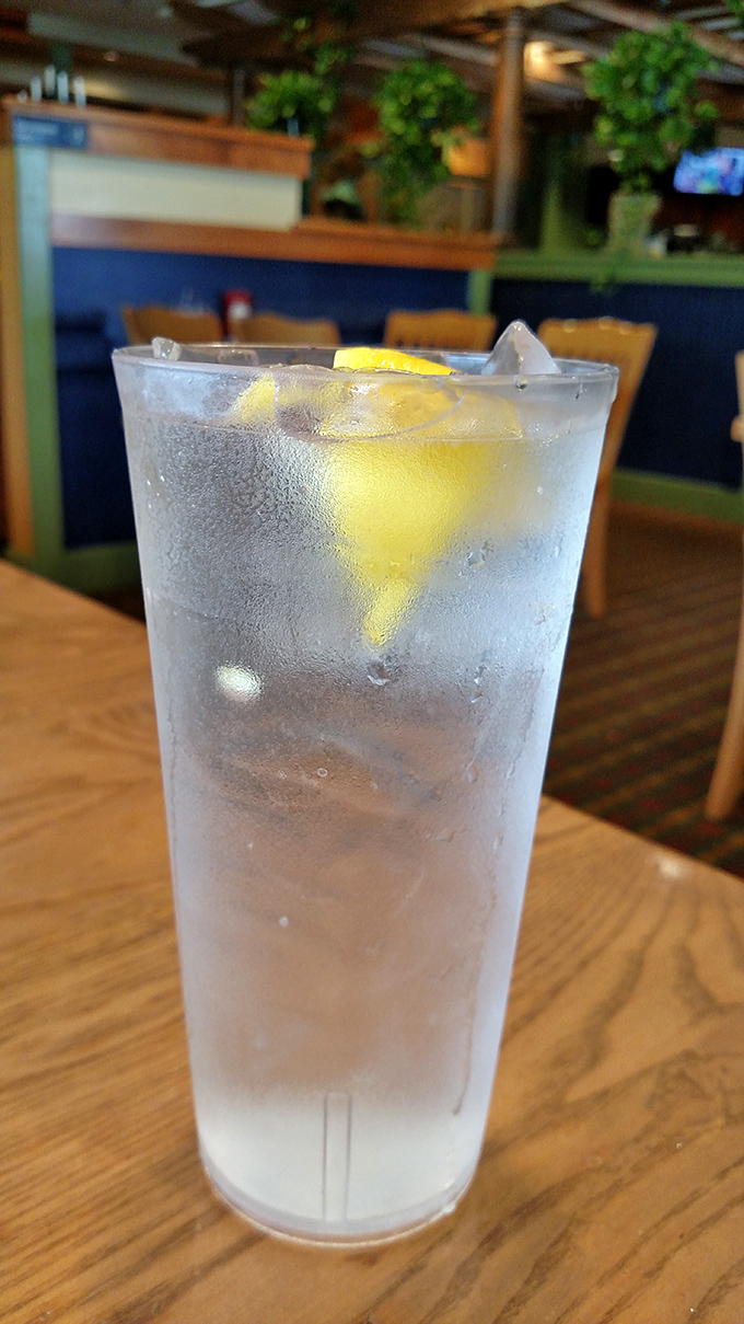 A tall glass of ice water with lemon – the perfect palate cleanser between bites of breakfast bliss at Broadway Diner.