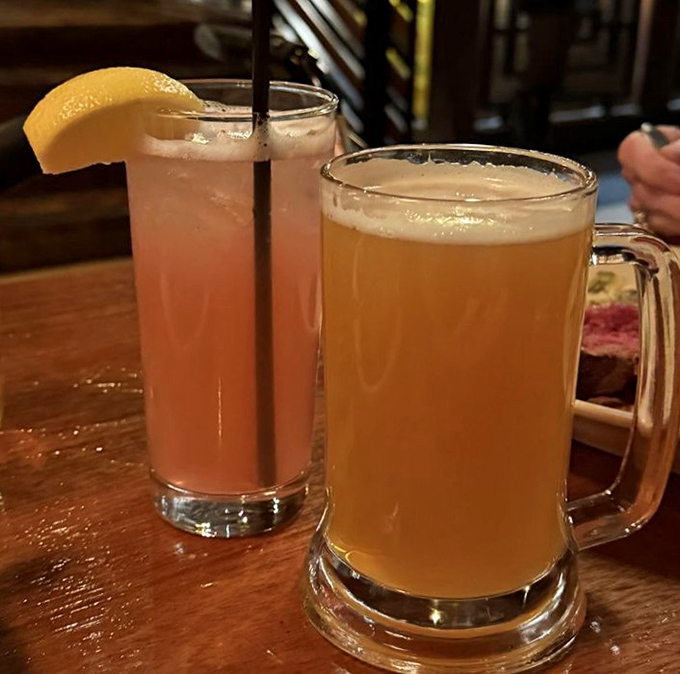 Liquid courage comes in many forms. A frosty mug of beer alongside a blushing cocktail &ndash; choose your adventure or try both!