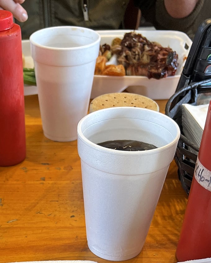 Simple pleasures in styrofoam cups. In BBQ country, sweet tea and soda are more than beverages&mdash;they're cooling counterpoints to smoky heat.