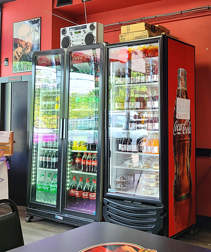 The beverage coolers stand like colorful sentinels, promising the perfect companion to tame the spice of your sandwich adventure.