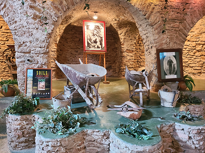 Tools of creation displayed in their natural habitat. These simple implements helped transform hardpan soil into an architectural marvel one shovelful at a time.