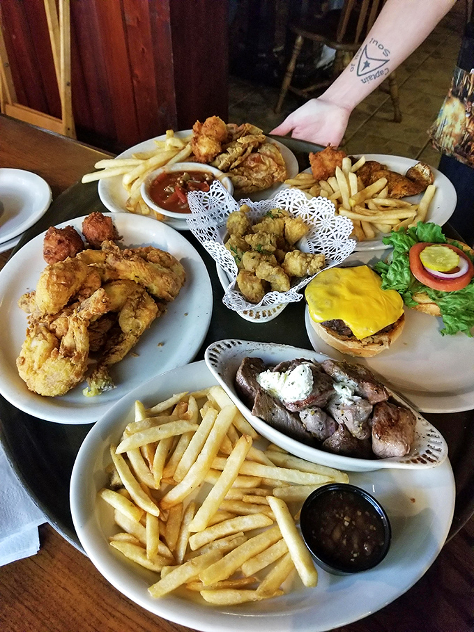 A feast fit for a Florida explorer! Fried delights, hearty sides, and a cheeseburger that would make Jimmy Buffett change his lyrics.