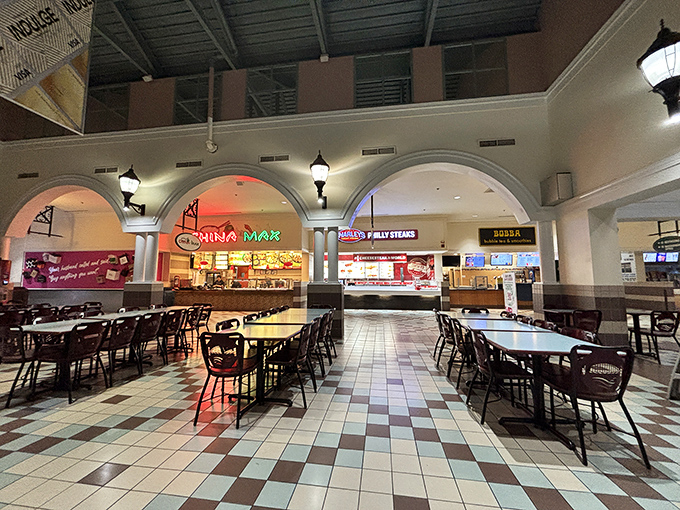The food court's arched design creates an elegant dining atmosphere for refueling shopping marathons.