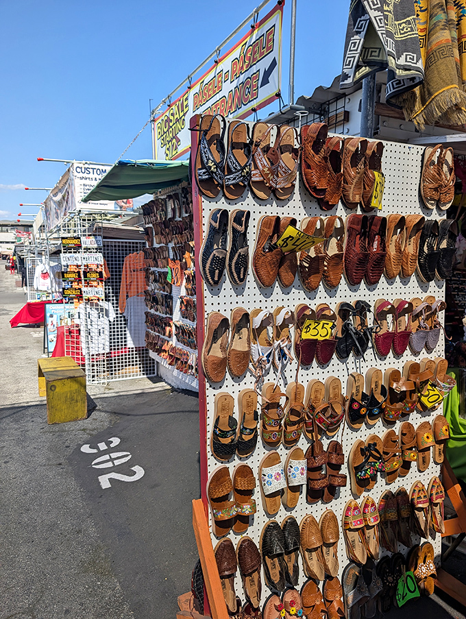 Footwear for every journey lines these tables, from practical work boots to statement sneakers that speak louder than words.