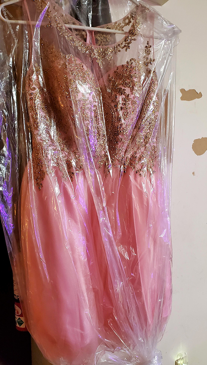 This blush pink gown with intricate beadwork and embroidery waits patiently in its protective cover for its next grand entrance.