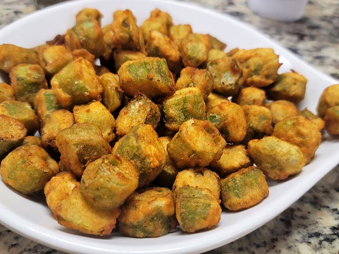 Fried okra: the South's answer to popcorn. These golden nuggets of vegetable goodness make a perfect shareable starter or side.