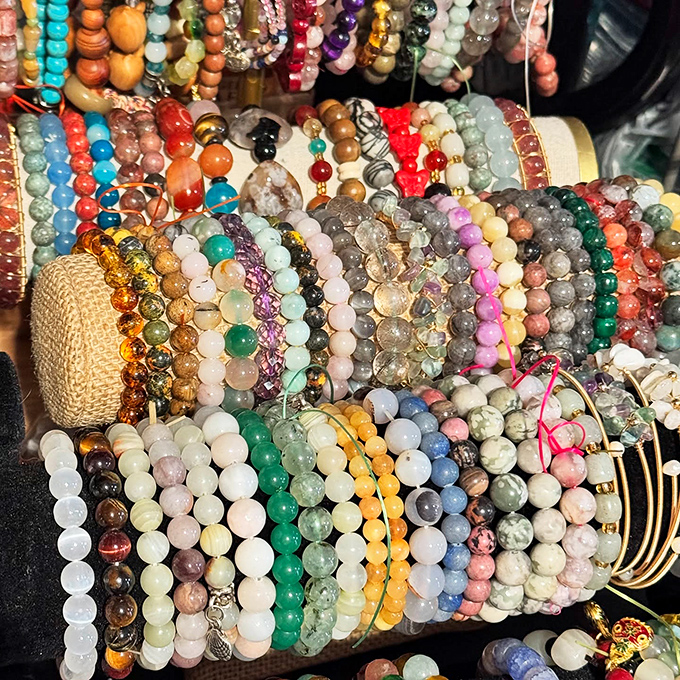 A rainbow of gemstone bracelets offers affordable luxury, where $30 might score you an entire arm party rather than just a single accessory.