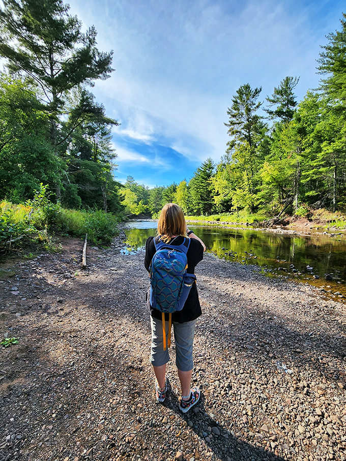 The trail ahead promises adventure while the river alongside offers constant commentary. Nature's version of a buddy comedy.