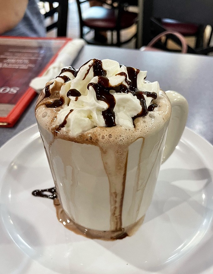 Hot chocolate topped with whipped cream and chocolate drizzle &ndash; because sometimes you need dessert with breakfast.
