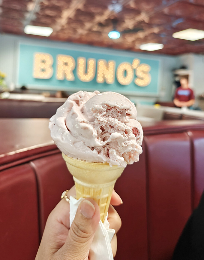 Ice cream at Bruno's &ndash; where that perfect scoop in a classic cone proves that sometimes the simplest pleasures are the ones we remember forever.