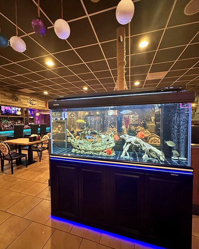 The impressive aquarium adds underwater ambiance to your meal. Fish watching you eat fish&mdash;there's a certain poetry there.