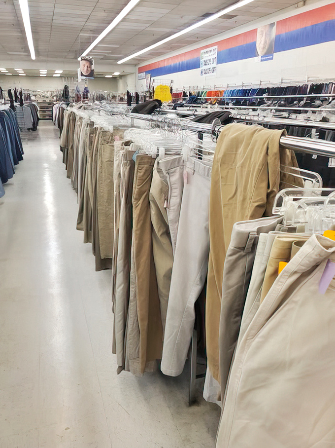 The pants panorama! A sea of khaki and denim stretching toward the horizon like a casual Friday in corporate America.