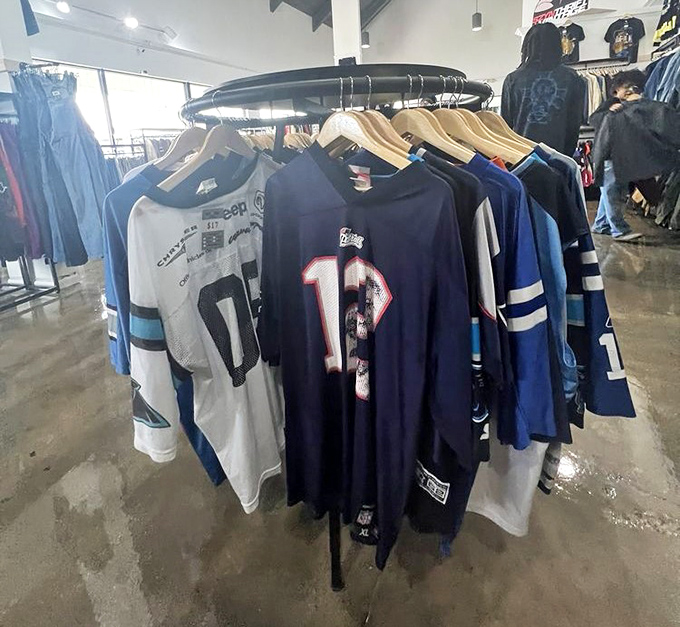 A circular rack of sports jerseys offers fans a chance to rep their team without the stadium-priced markup. Sunday football just got more affordable.