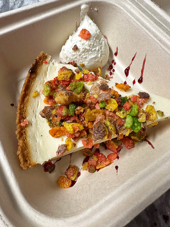 Key lime pie gets a carnival makeover with those colorful toppings. Florida's signature dessert dressed for a celebration of flavor.
