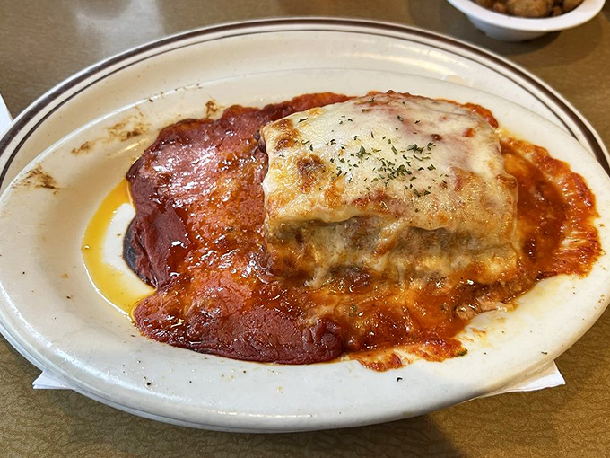 Lasagna that doesn't mess around &ndash; layers of pasta, cheese, and sauce in portions that ensure you'll be taking some home for tomorrow.