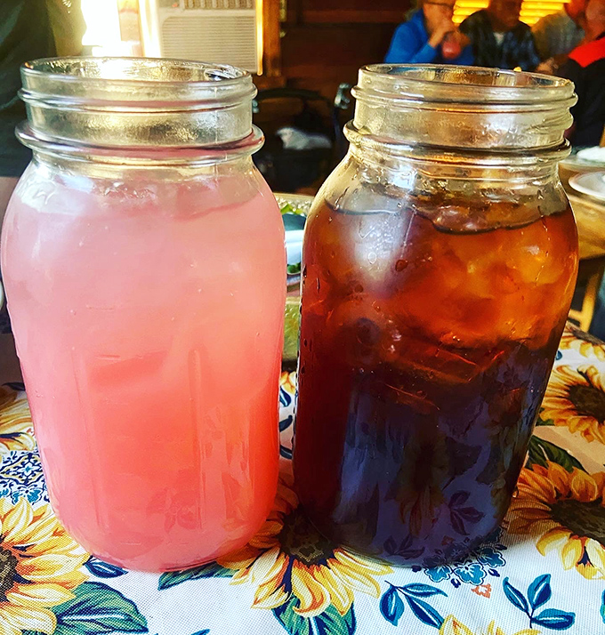 Mason jars filled with pink lemonade and sweet tea&mdash;because after tackling a steak the size of your head, you'll need serious hydration.