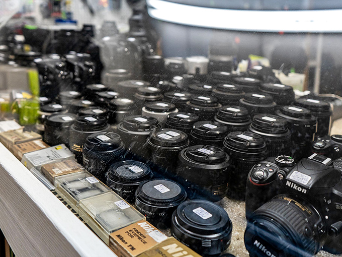 Camera collectors, rejoice! Rows of vintage Nikons and professional lenses await photographers looking for quality equipment with character and history. 