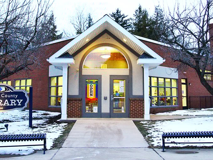 Libraries should always look this inviting&mdash;Bellefonte's county library welcomes readers with warm light glowing through windows on winter evenings.
