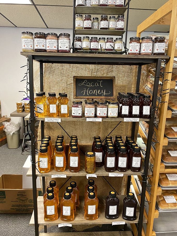 Local honey jars showcase the sweet partnership between Virginia's hardworking bees and this authentic country bakery.