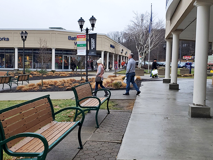 Strategically placed benches offer sanctuary for package-laden shoppers and patient partners who've reached their shopping tolerance threshold for the day.