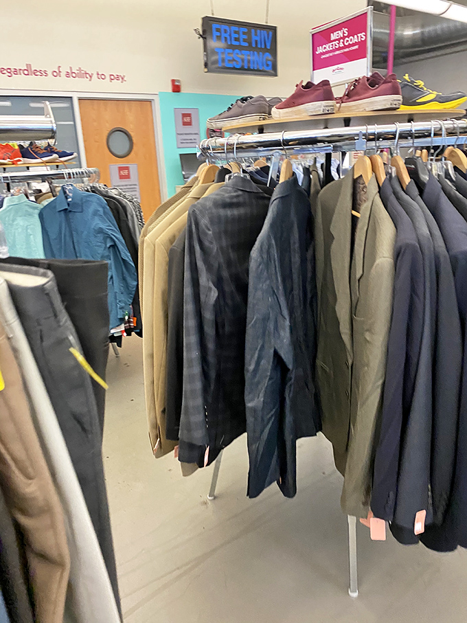 Men's jackets and suits hang with dignity, waiting for second acts in business meetings, job interviews, or perhaps an impromptu James Bond impression.