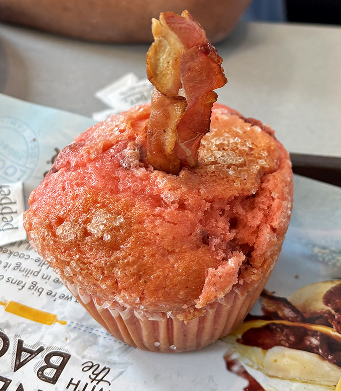 This isn't just any muffin&mdash;it's a strawberry creation topped with a bacon crown, proving that breakfast innovation is alive and well.