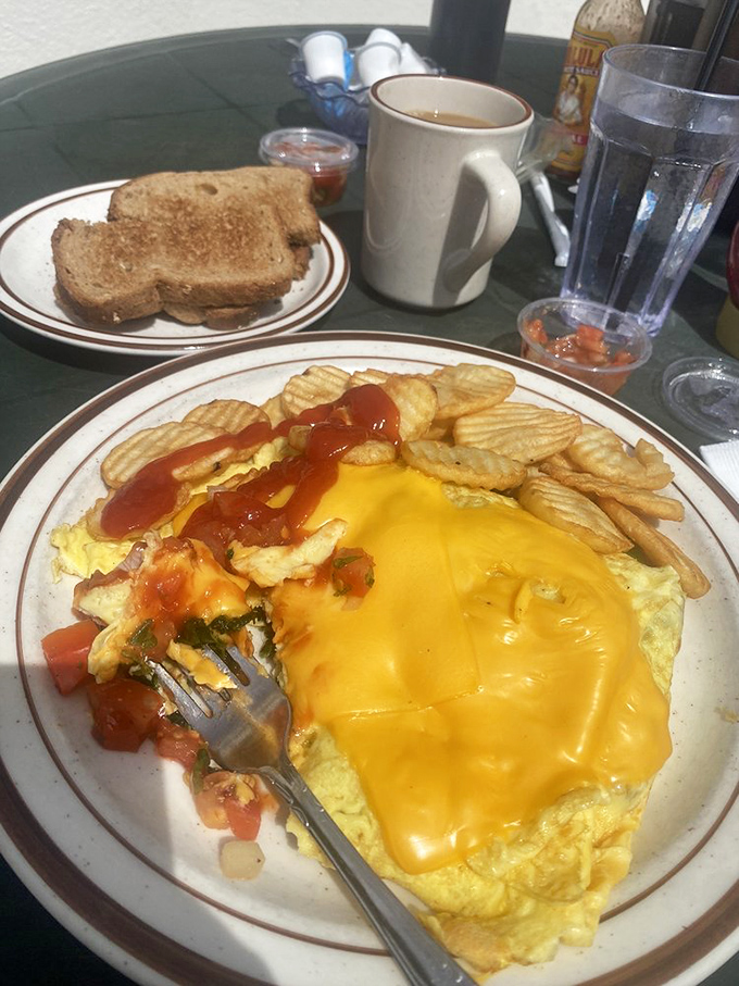 This omelet showcases the fluffy perfection that separates true diner masters from mere breakfast pretenders everywhere.